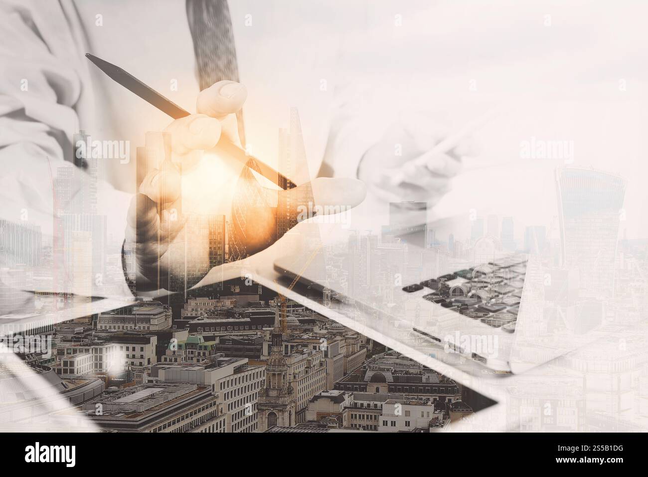 Double Exposure,Medical technology concept. Doctor hand working with ...