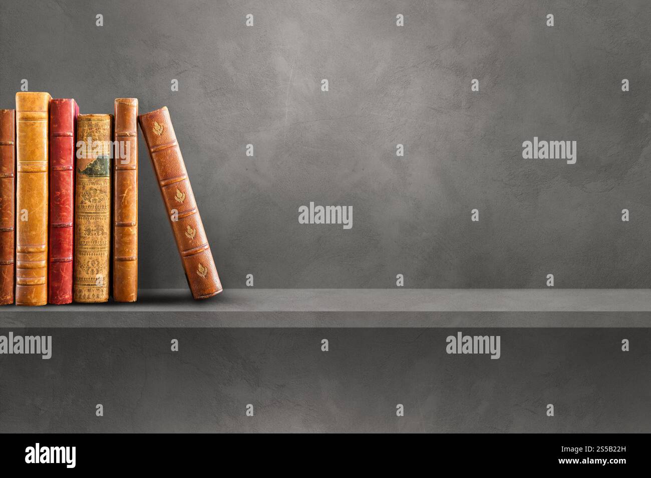 Row of old books on grey shelf. Horizontal background scene. Row of old ...