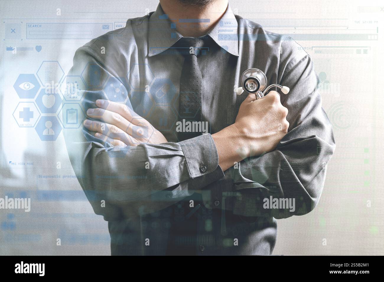 smart medical doctor across his arms, touch screen computer,stethoscope ...
