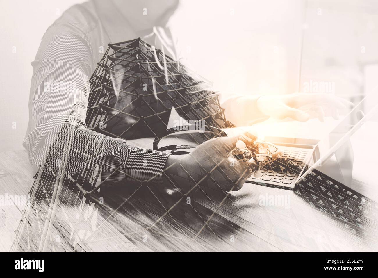 Double Exposure,Medical technology concept. Doctor hand working with ...