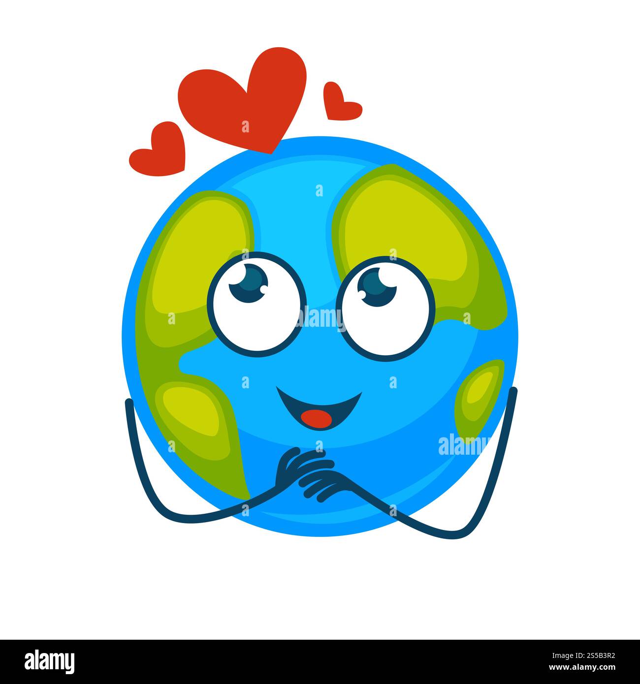 Earth planet with adorable face, friendly smile and red hearts above ...