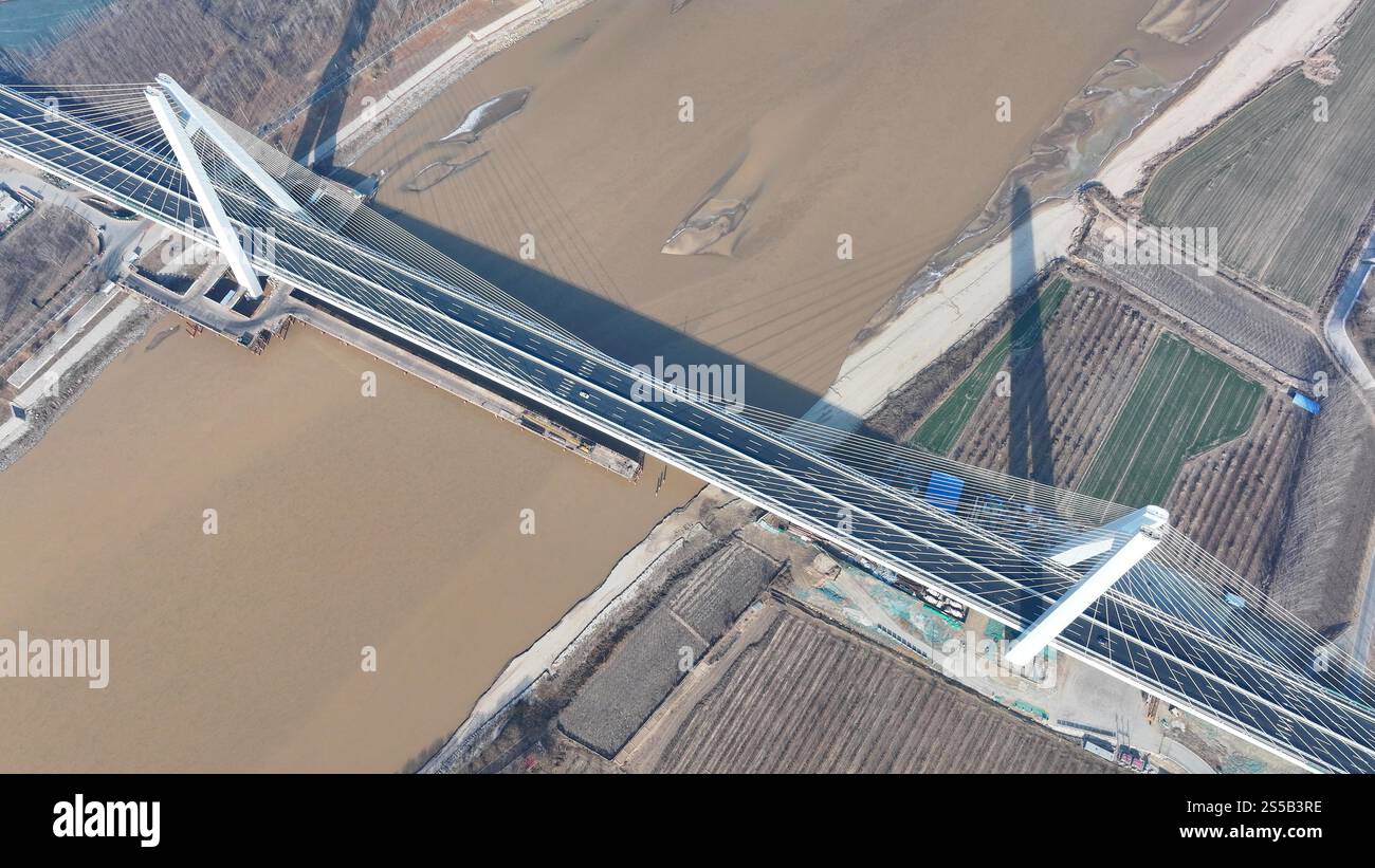 Aerial photo shows the Dongjin Yellow River Bridge in Dongying City ...