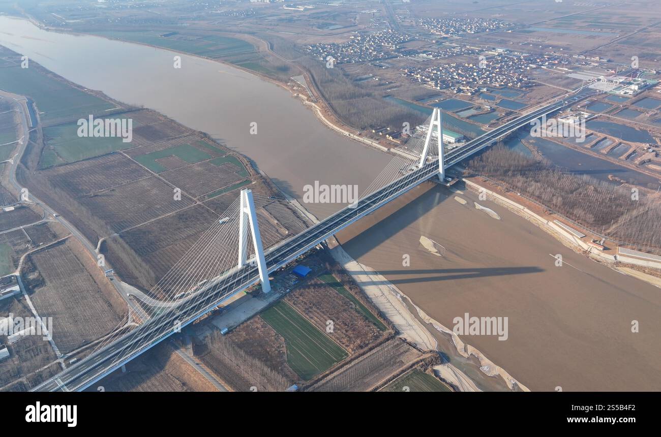 Aerial photo shows the Dongjin Yellow River Bridge in Dongying City, east China's Shandong ...