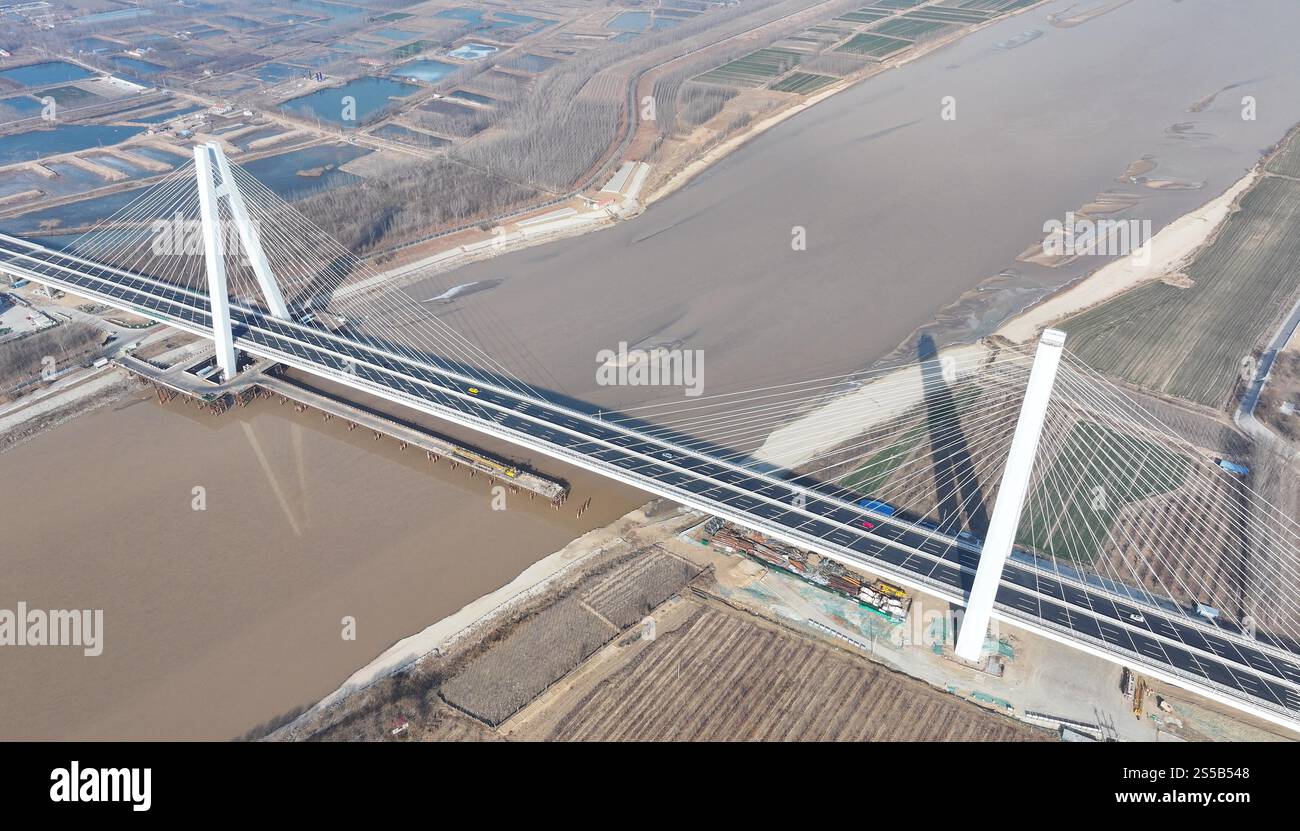 Aerial photo shows the Dongjin Yellow River Bridge in Dongying City ...