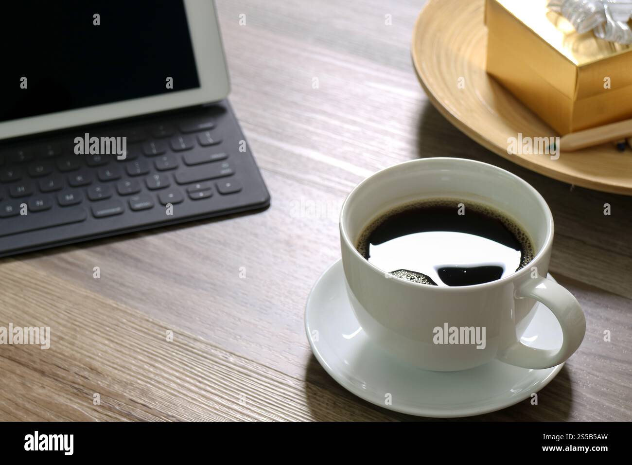 Coffee cup and Digital tablet dock smart keyboard,gold gift box and ...