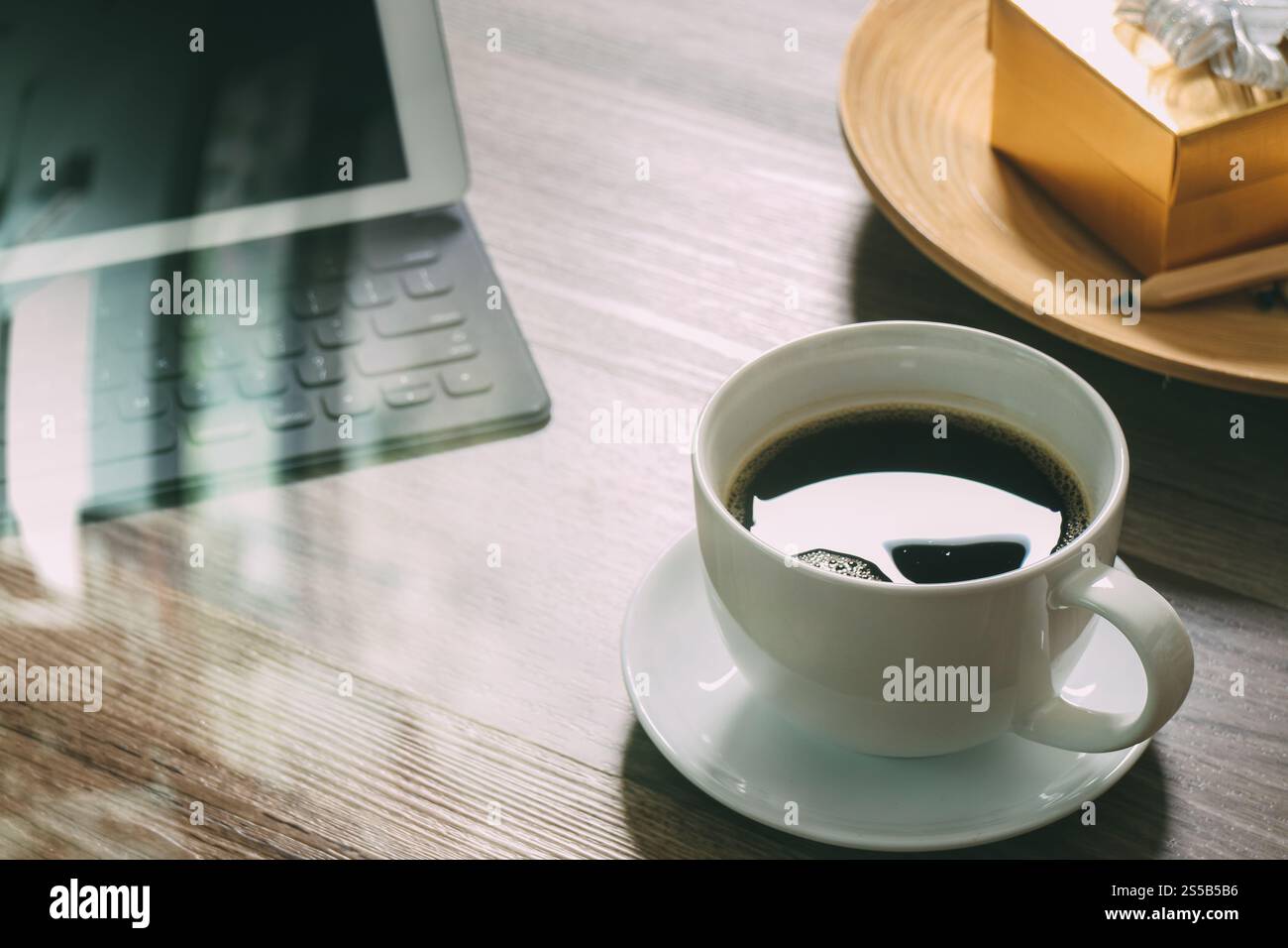 Coffee cup and Digital tablet dock smart keyboard,gold gift box and ...