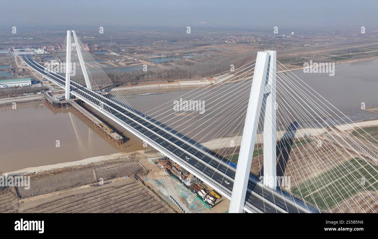 Aerial photo shows the Dongjin Yellow River Bridge in Dongying City ...