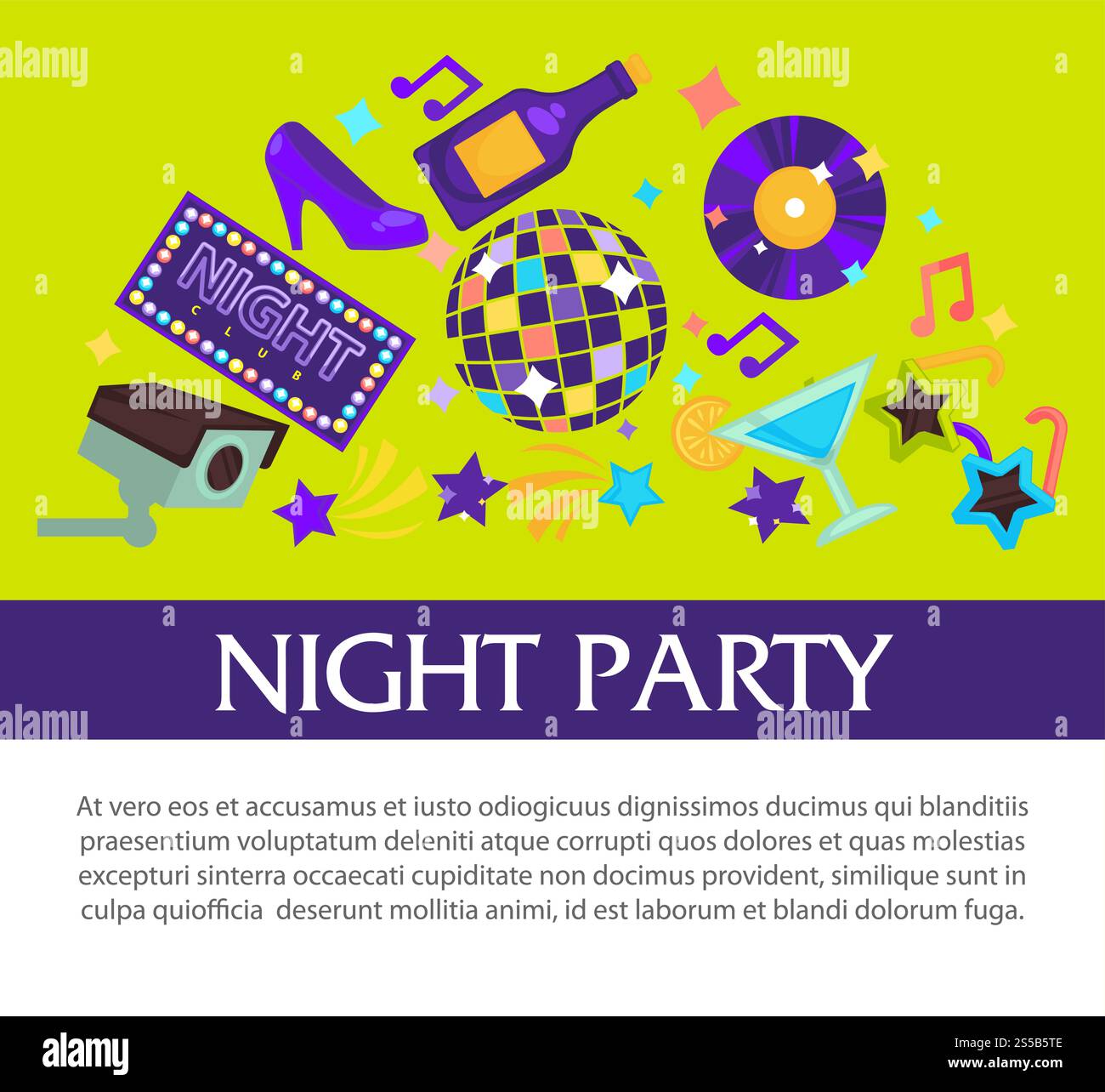 Night party promotional banner with sample text. Shiny disco ball ...