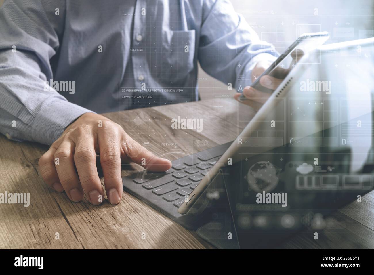 success businessman using smart phone,digital tablet docking smart keyboard on wooden desk,icons ...