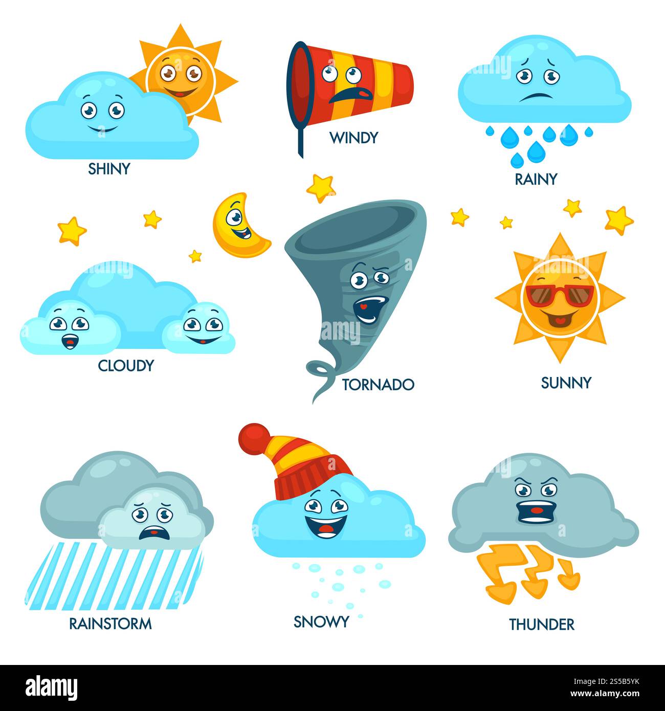 Weather forecast elements with faces and signs set. Sun and clouds with ...