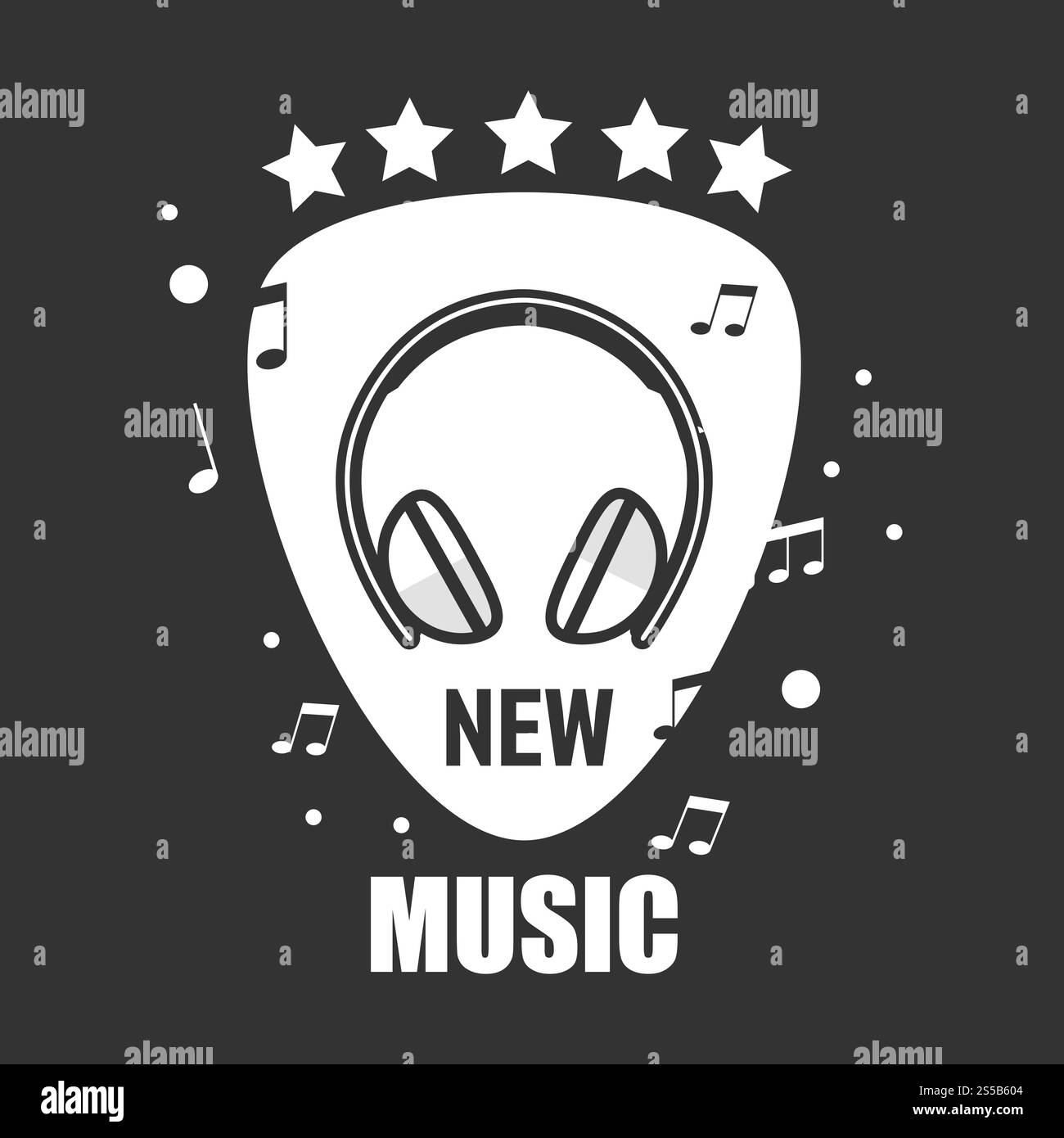New music promotional emblem with modern headphones, music notes and ...