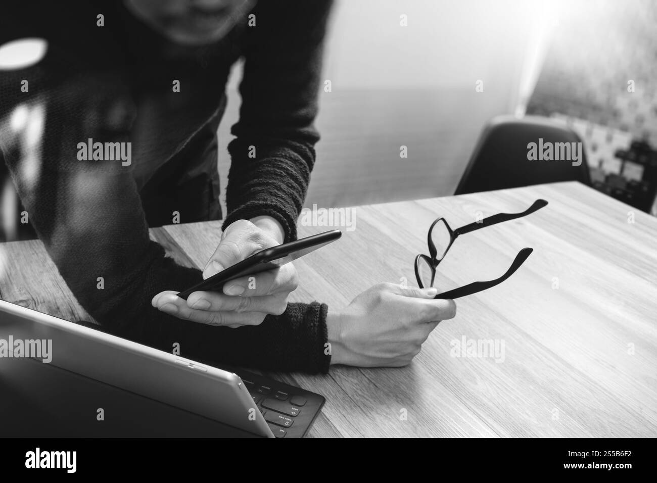 Businessman using interface screen Black and White Stock Photos ...