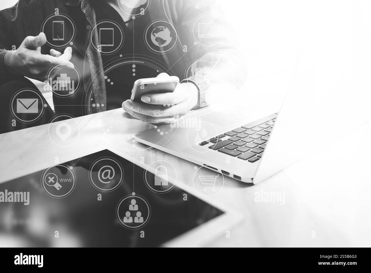 Modern desk laptop in Black and White Stock Photos & Images - Alamy