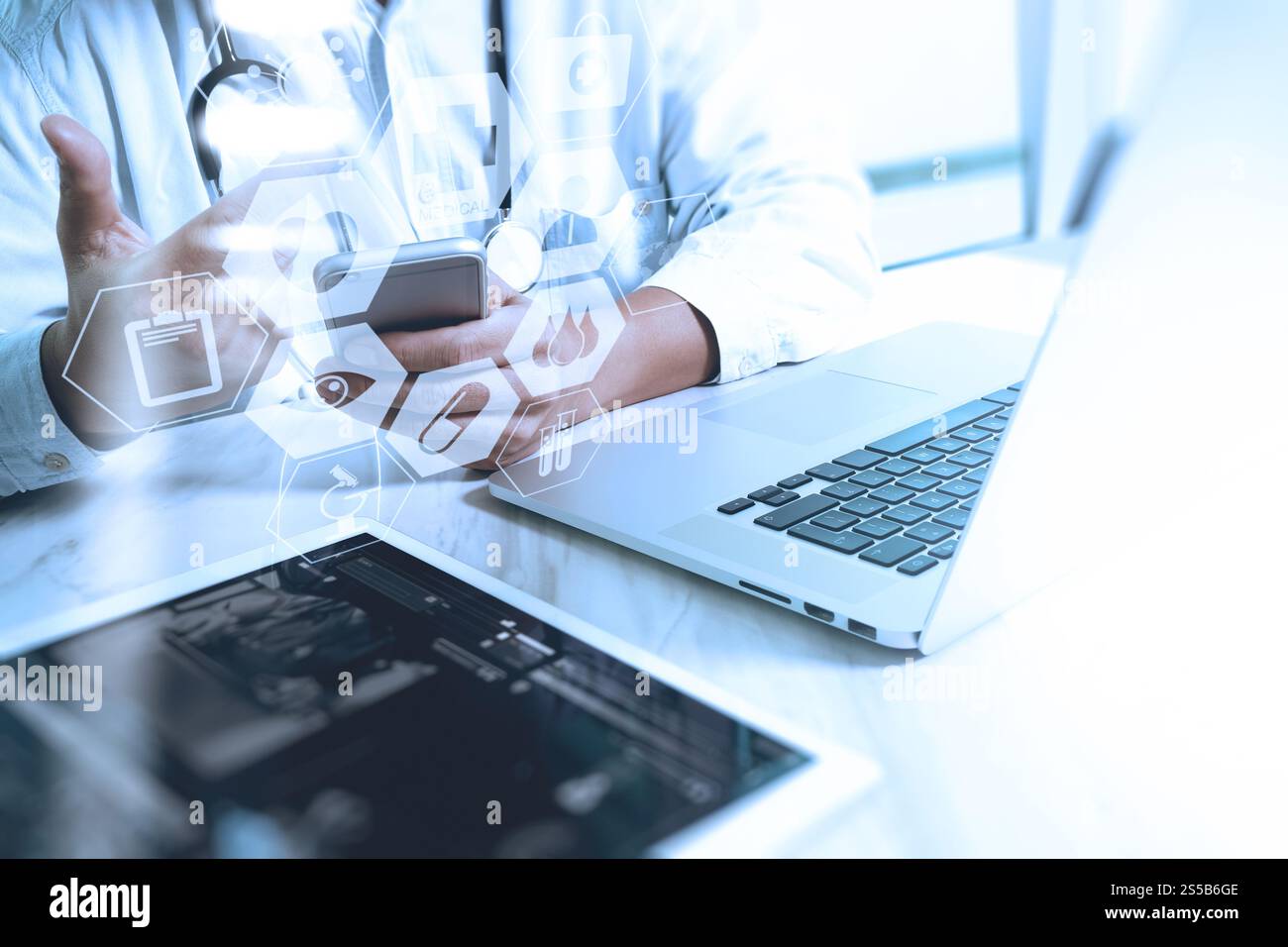 Medical technology concept. Doctor hand working with modern smart phone ...