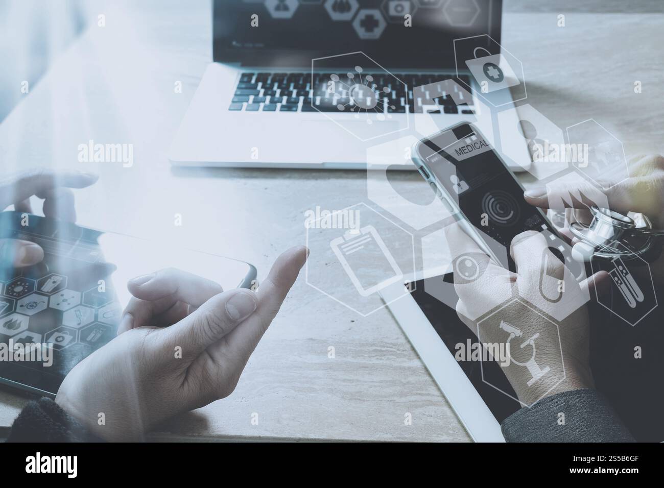 Team Medical technology concept. Doctor hand working with modern smart ...