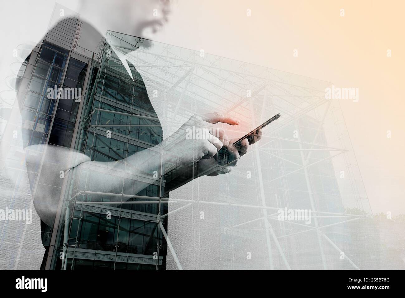 Double Exposure of Designer hand using mobile payments online shopping ...