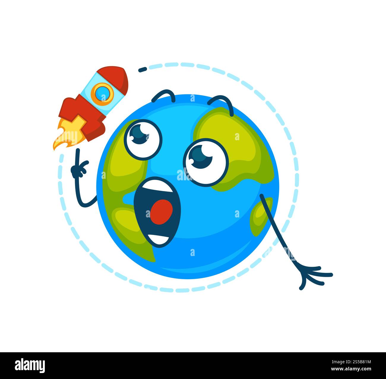 Earth planet cartoon character with rocket on orbit. Vector isolated ...