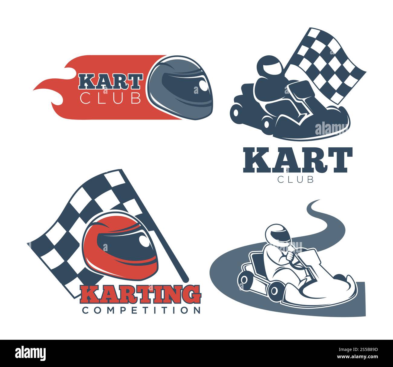 Kart club promotional emblems set with protective helmets, professional ...