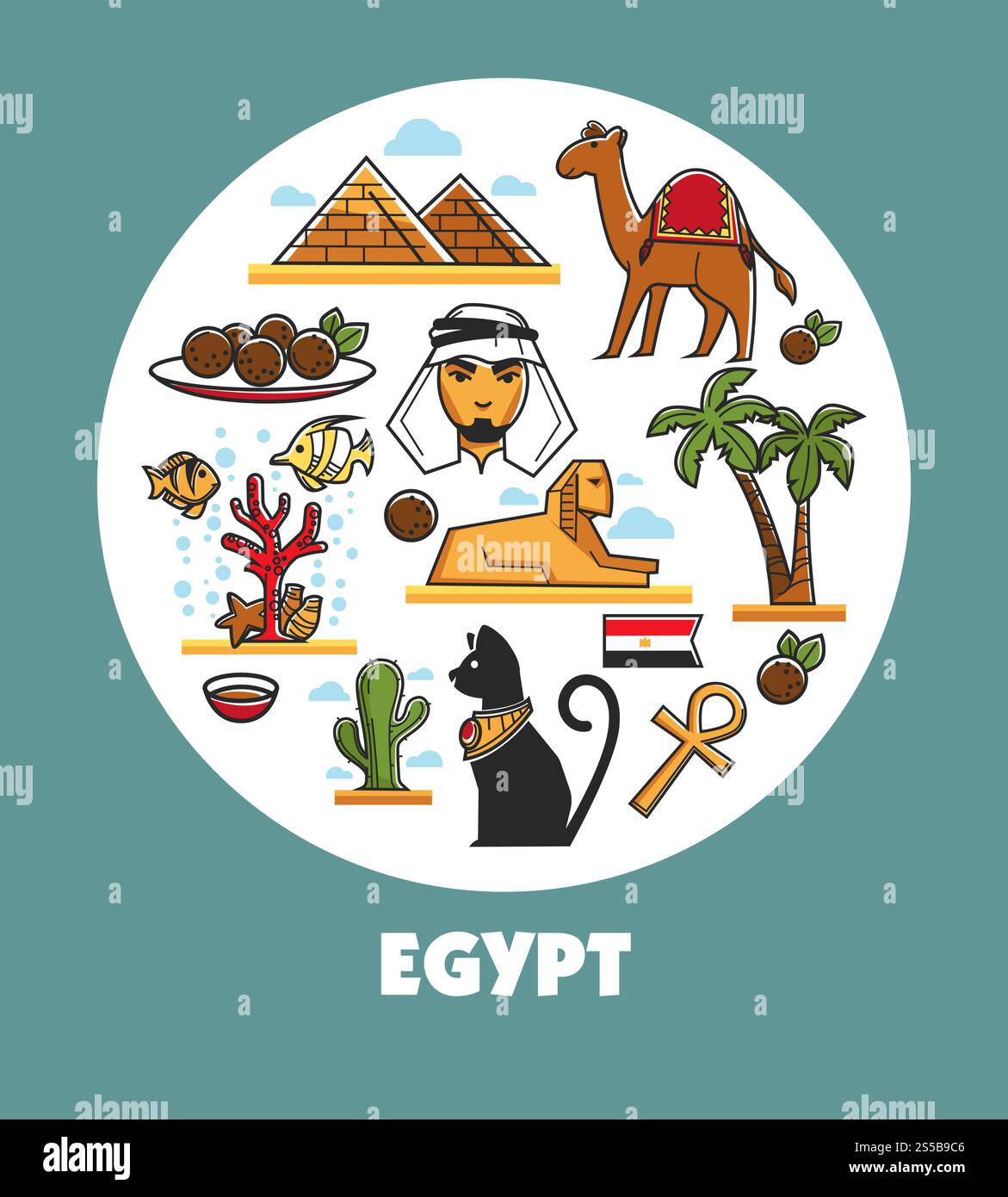 Egypt promotional poster with national symbols and architecture inside ...