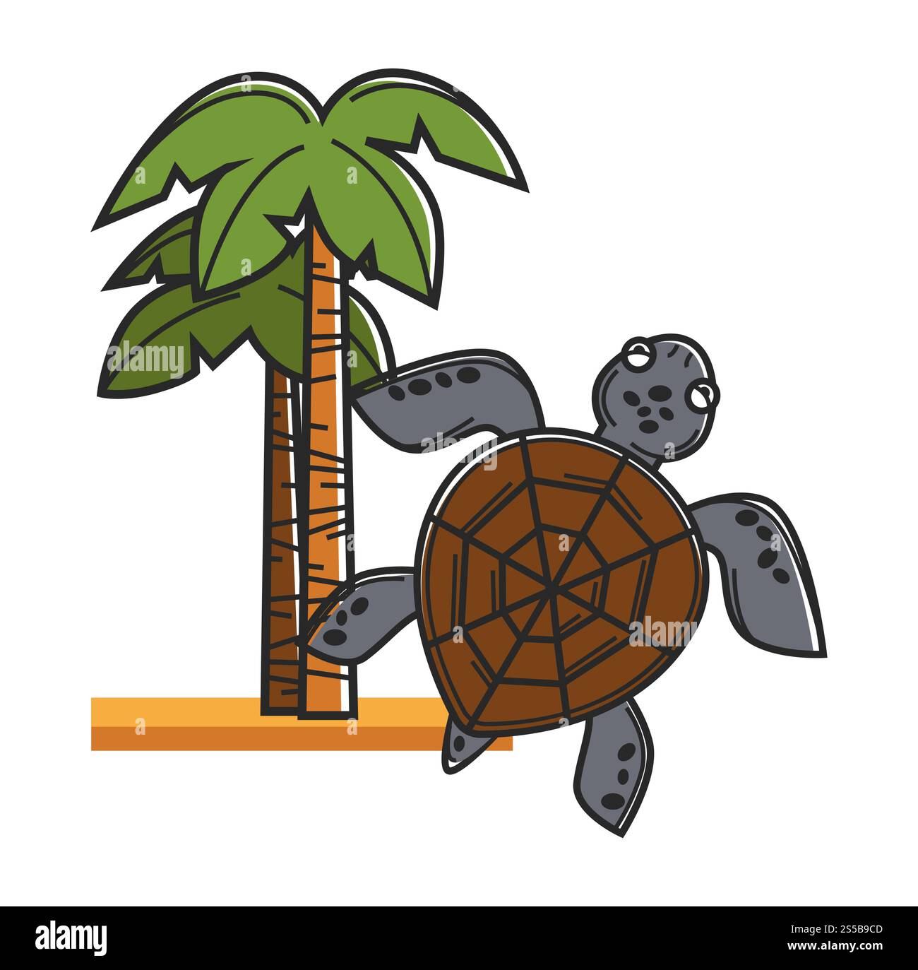 Tall Hawaiian palms on sand and huge sea turtle. Tropical tree plant ...