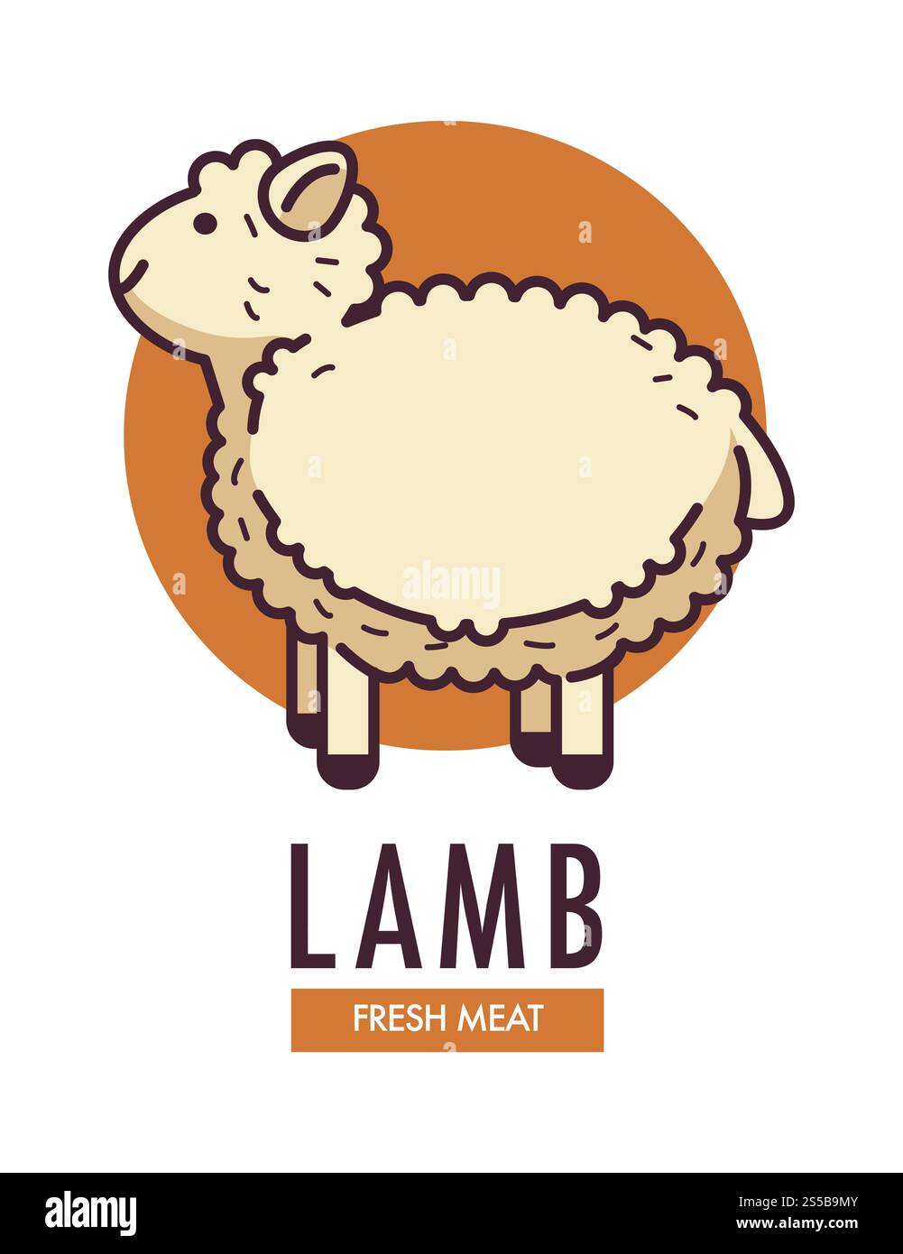 Lamb fresh meat promotional emblem with fluffy sheep. Domestic animal ...