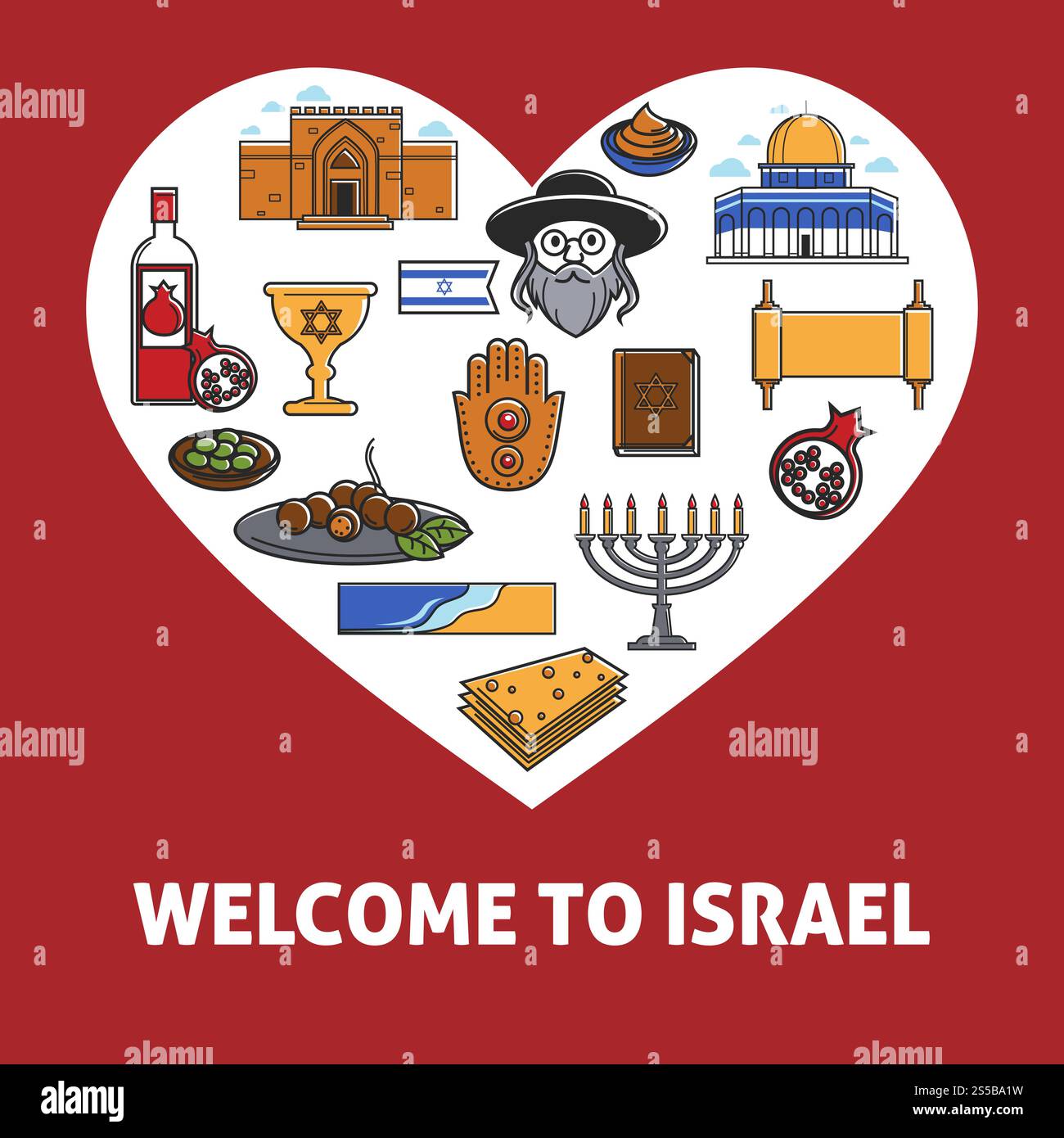 Welcome to Israel promo banner with country symbols inside heart. Old ...