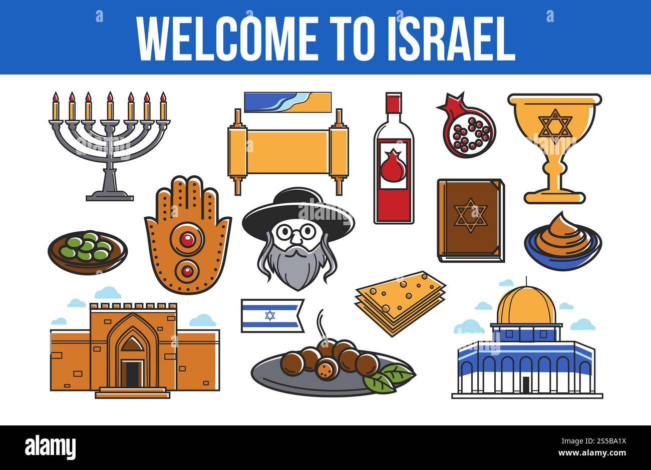 Welcome to Israel promo banner with national symbols. Vintage ...