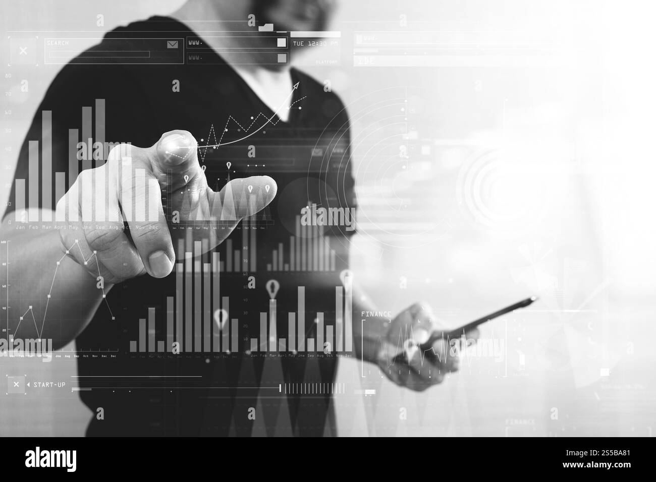 Designer hand pressing an imaginary button,holding smart phone,virtual ...