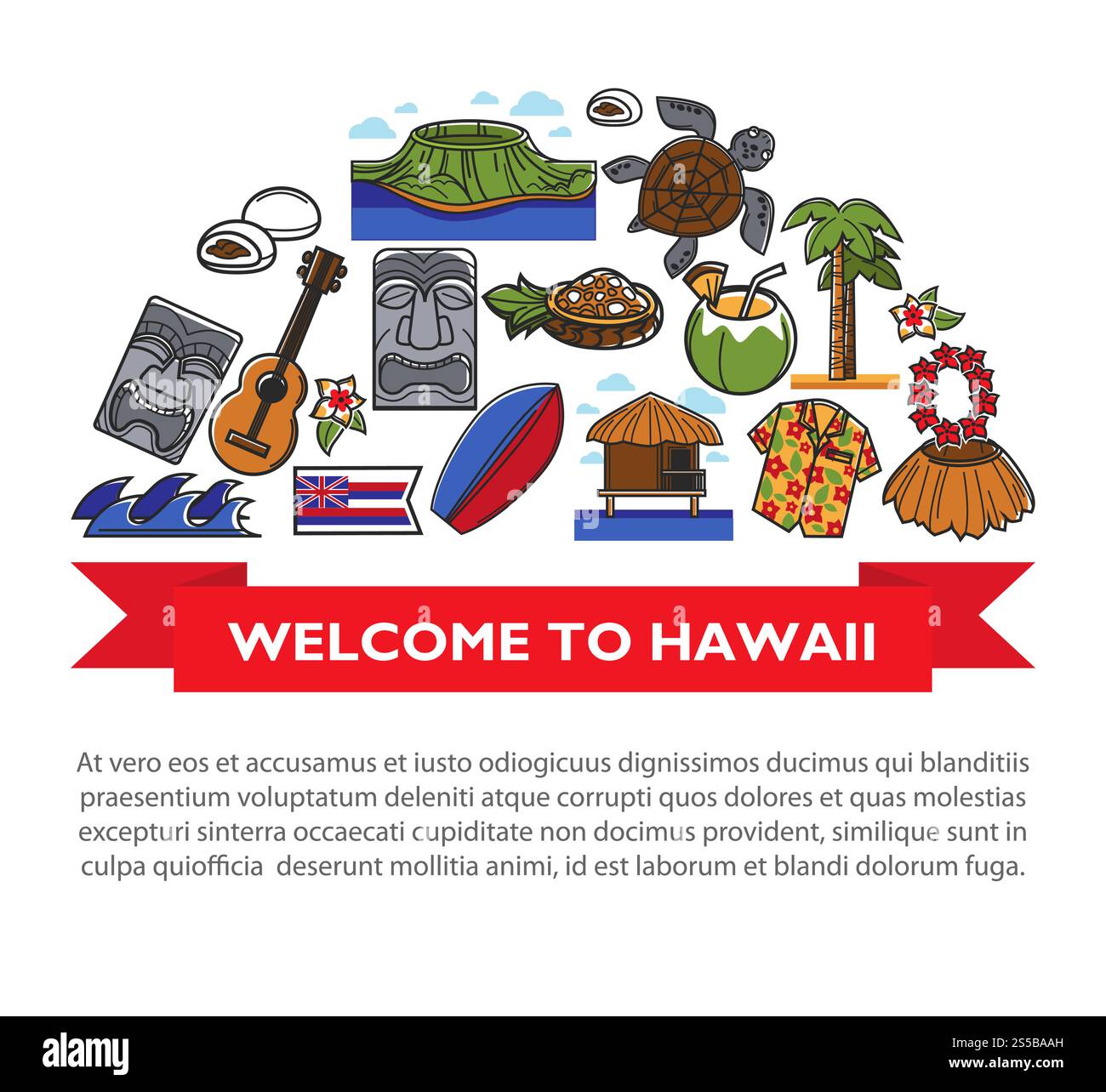 Hawaii welcome poster of famous symbols and tourism sightseeing ...