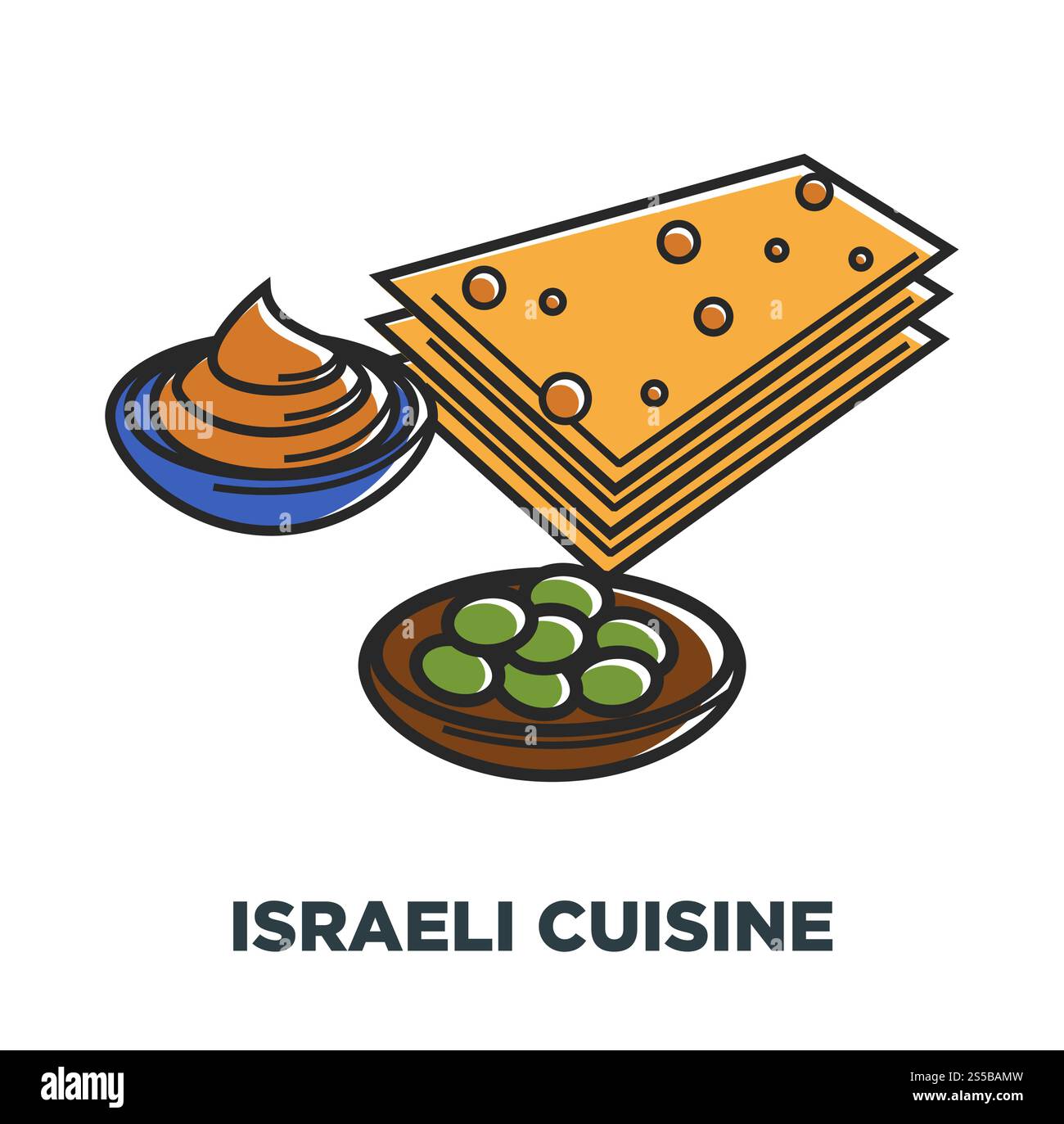Israel national cuisine promo poster with kosher food. Dry loaves, bowl ...