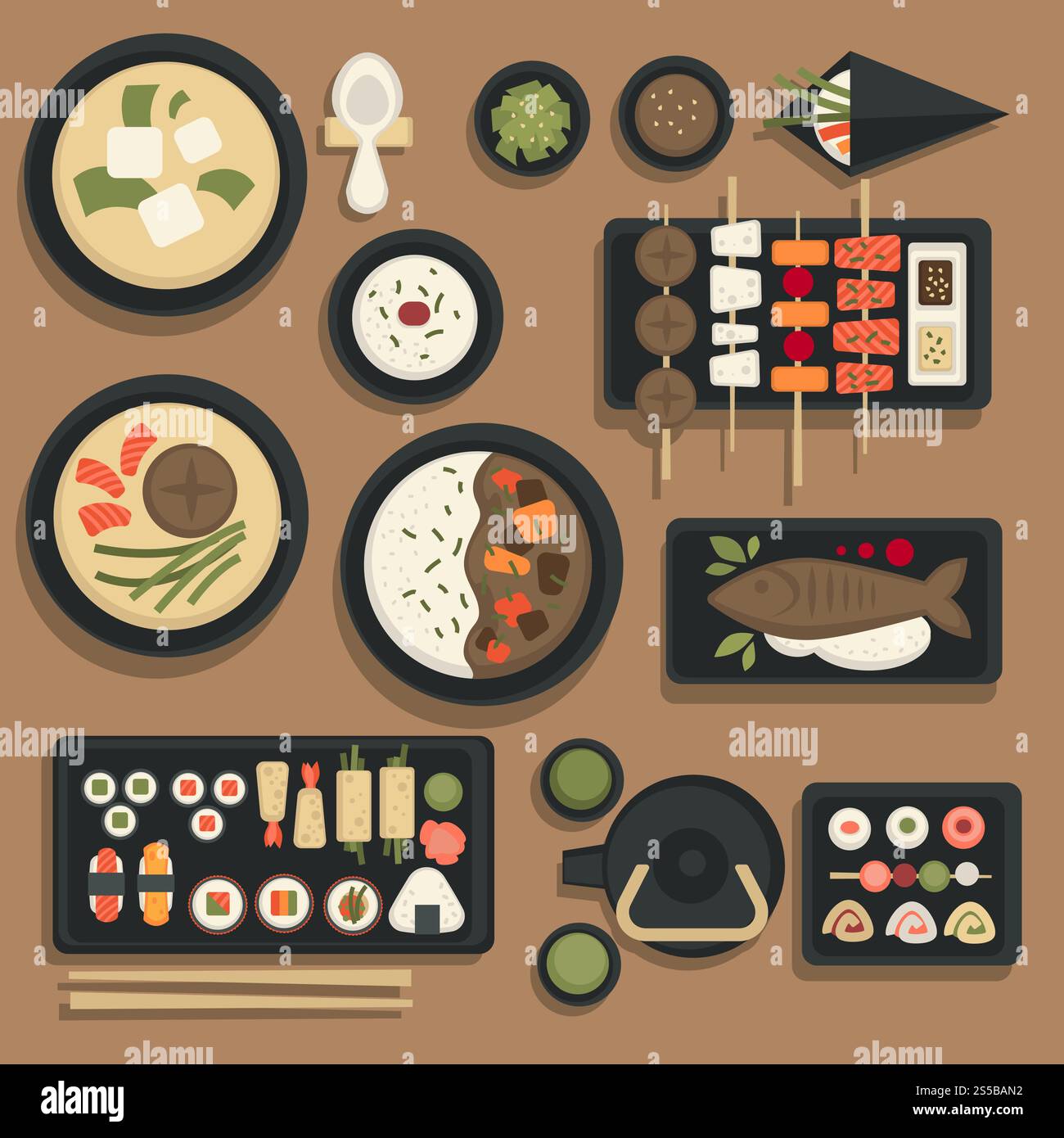 Japanese food traditional dishes icons set of sushi rolls hi-res stock ...