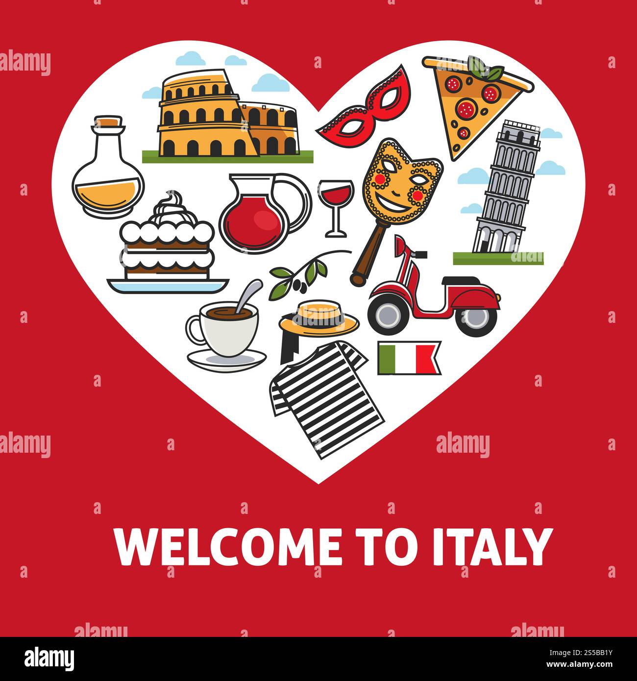 Welcome to Italy promotional poster with country symbols inside heart ...