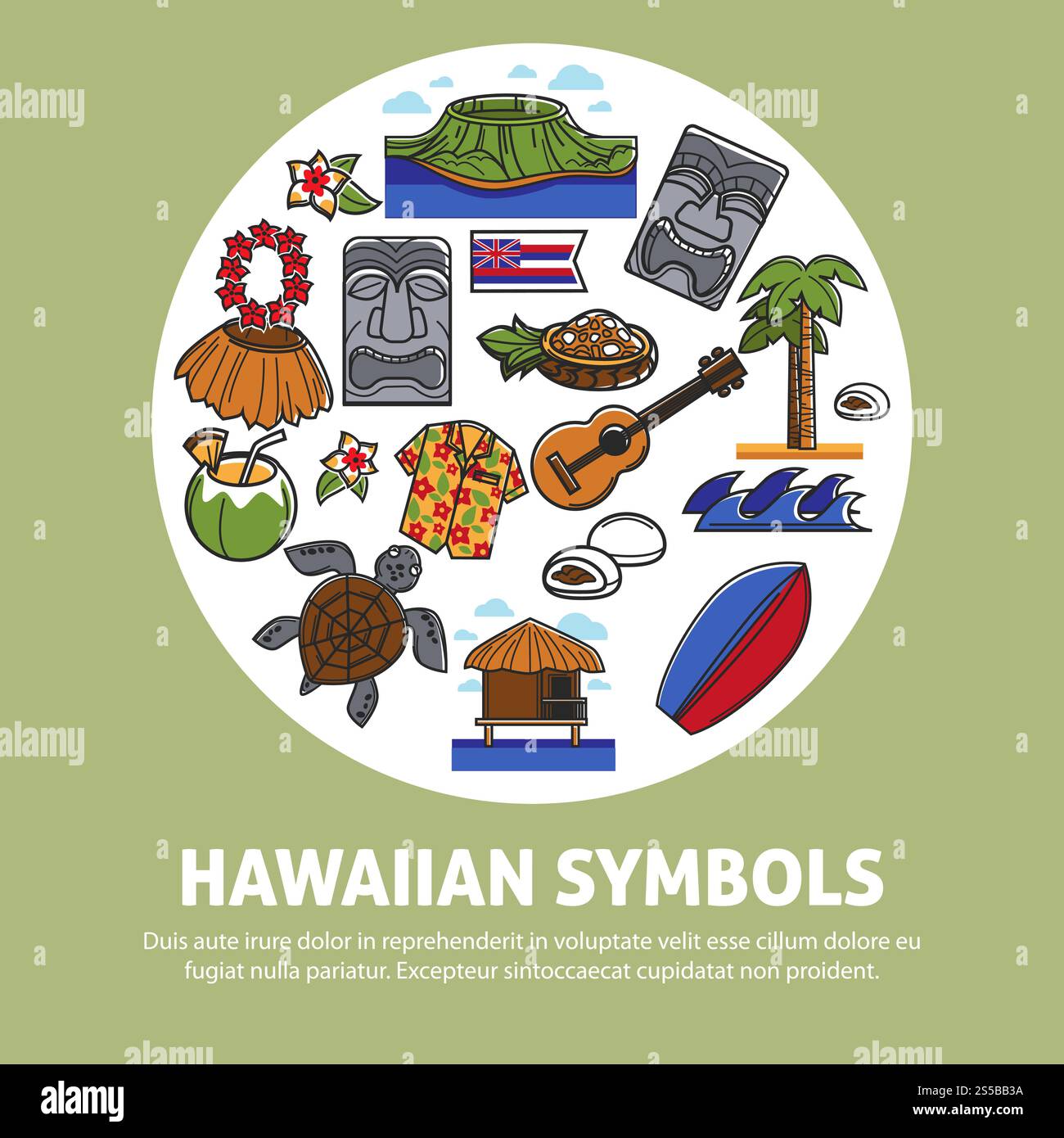 Hawaii travel poster of Hawaiian famous symbols or tourist sightseeing ...