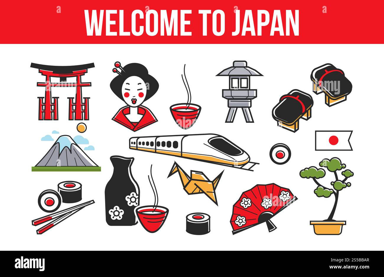 Welcome to Japan promo banner with national symbols. Journey to ...
