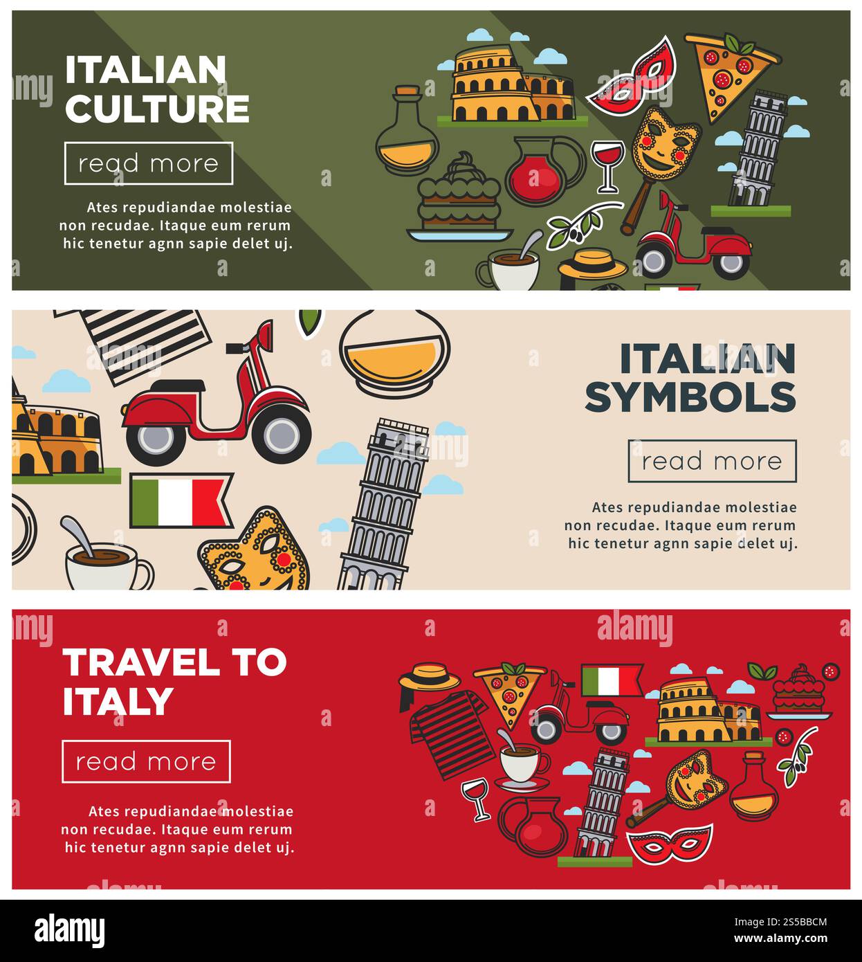 Italian culture and symbols on internet promo banners set. Delicious ...