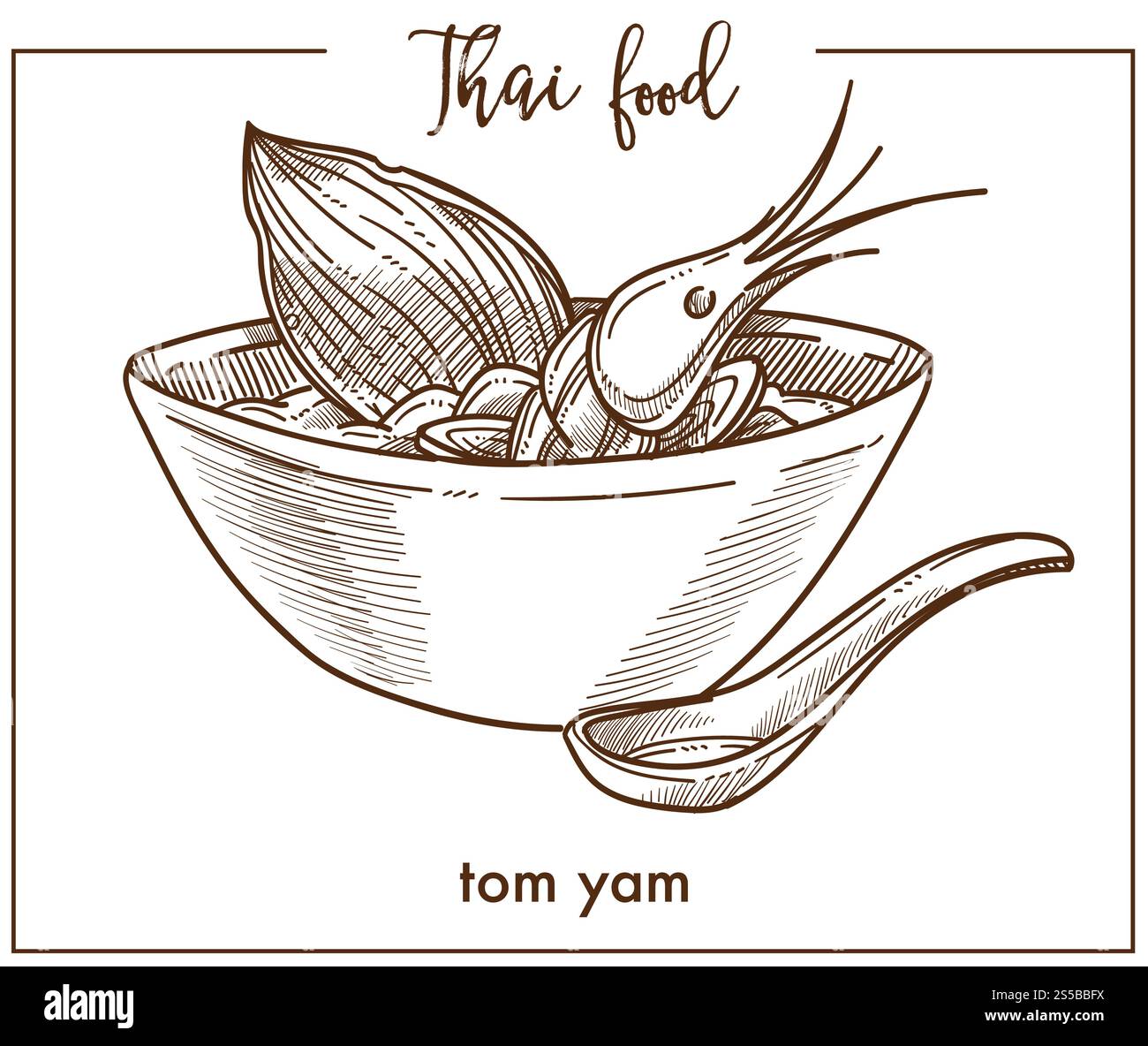 Tom yam in deep bowl with spoon from Thai food. Delicious hot sour and ...