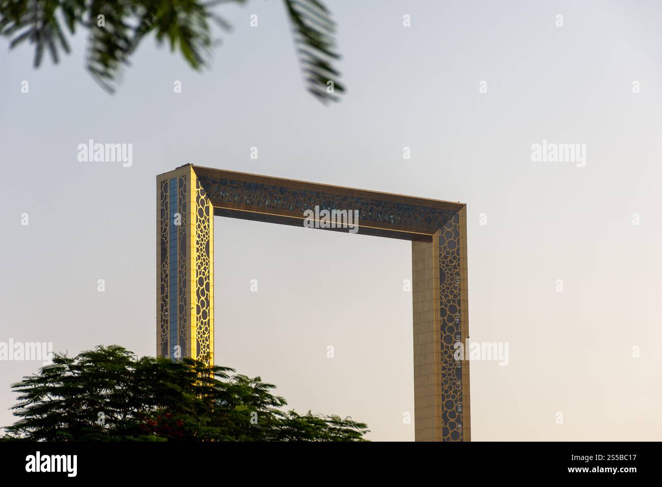 View of Dubai Frame against the sky. The famous landmark building in ...