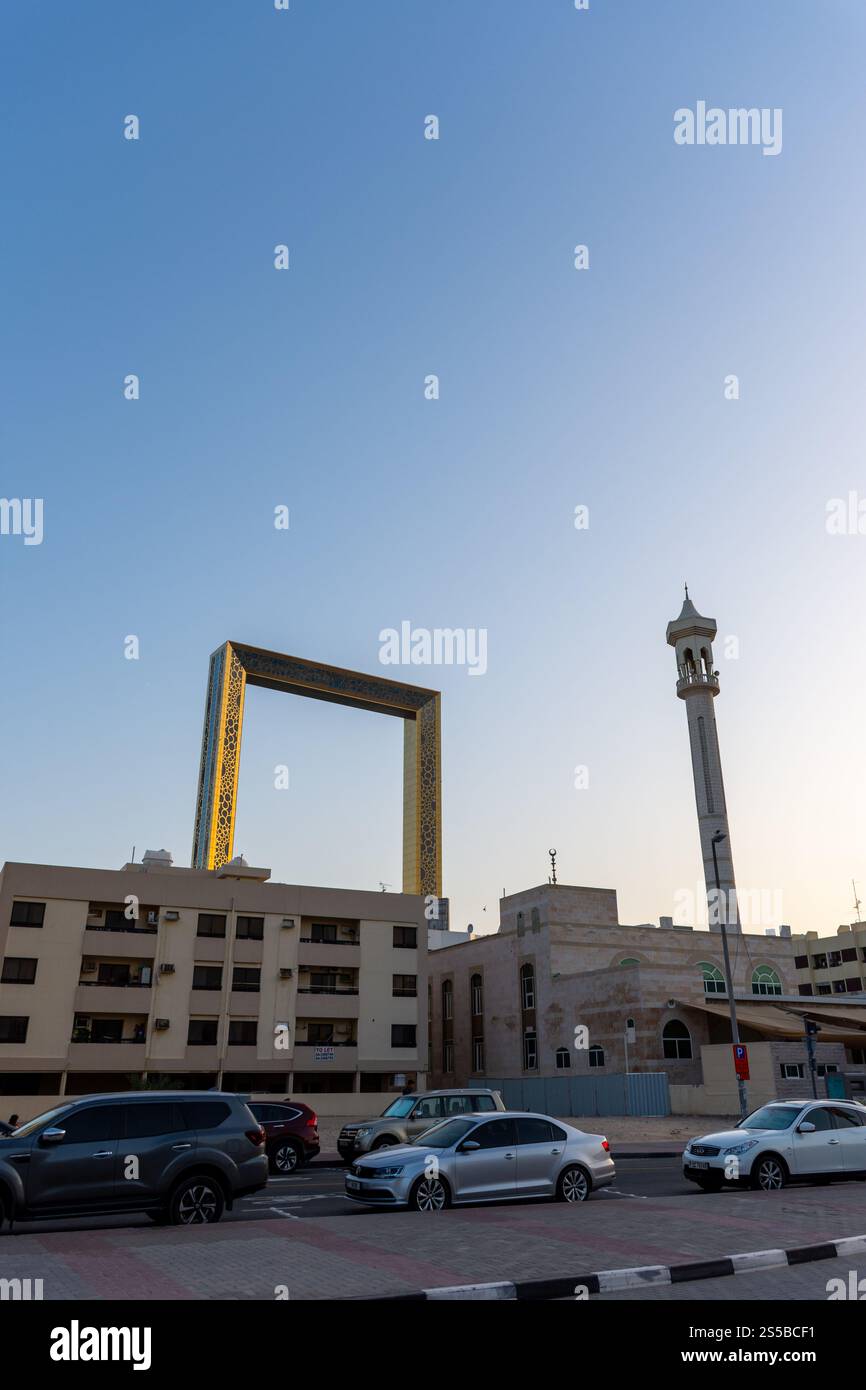 View of Dubai Frame against the sky. The famous landmark building in ...