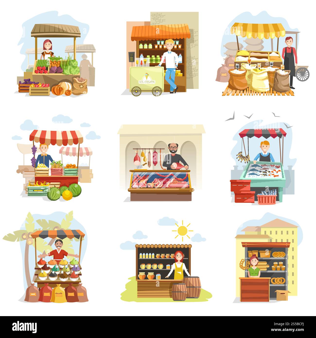 Street vendor booth and farm market food counters with fruis or ...