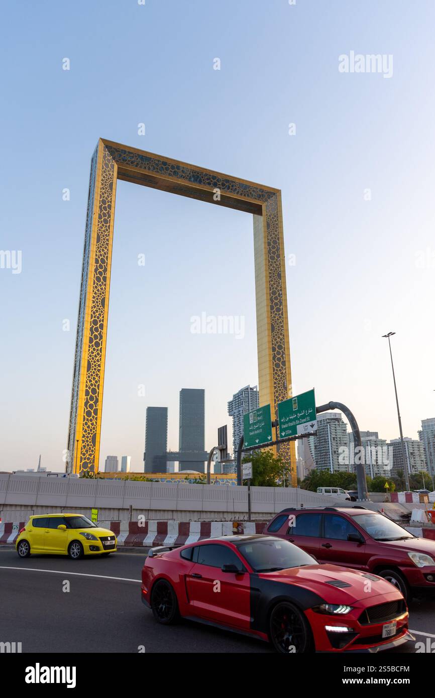 View of Dubai Frame against the sky. The famous landmark building in ...
