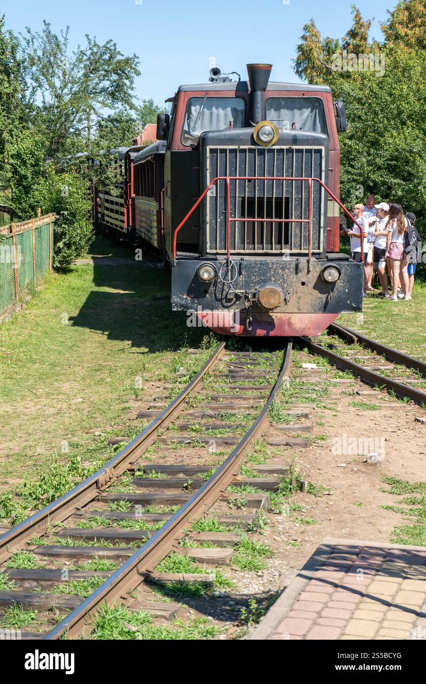 Carpathian tram. Steam locomotive on a narrow-gauge railway Station ...