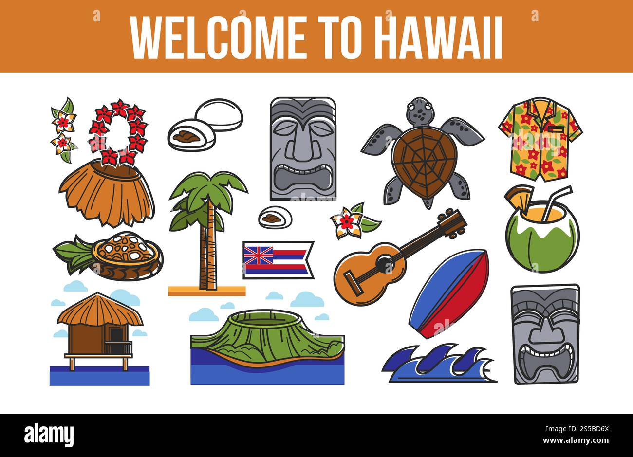 Welcome to Hawaii promo banner with country symbols. Delicious food and ...