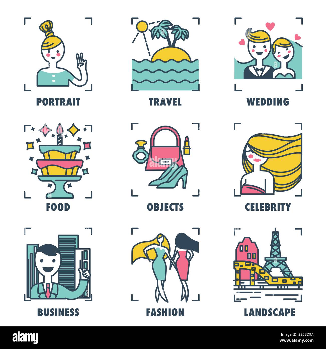 Camera modes icons set. Portrait setting, travel function, bright ...