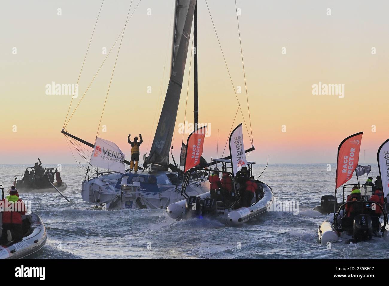 French skipper Charlie Dalin celebrates aboard his Imoca 60 monohull ...