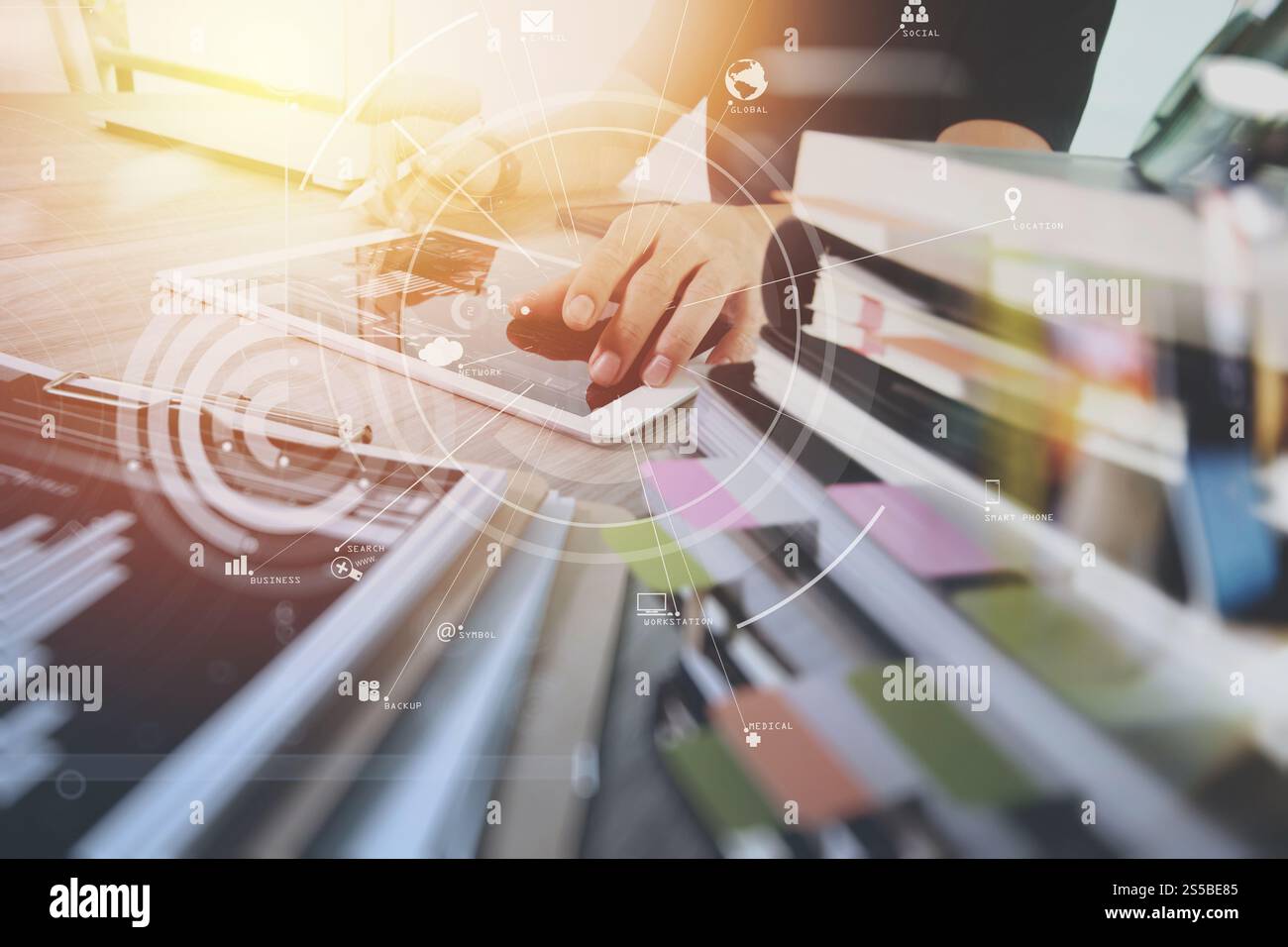 businessman hand working with modern mobile phone in modern office with ...