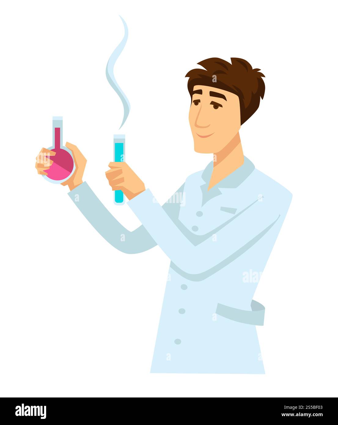 Chemist in work robe with two flasks full of reagents. Scientist in ...