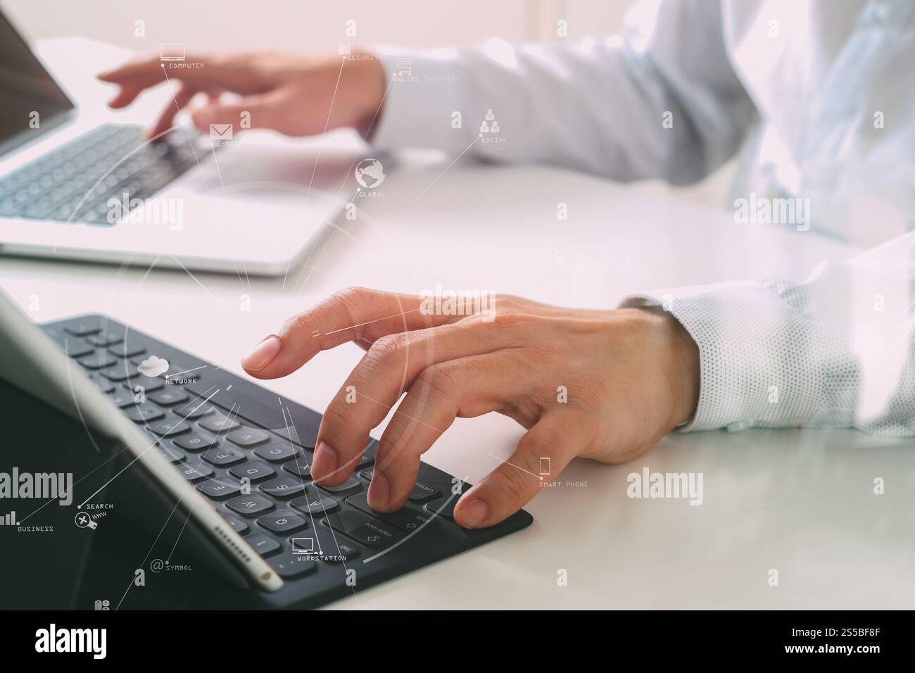 close up of businessman typing keyboard with laptop computer and ...