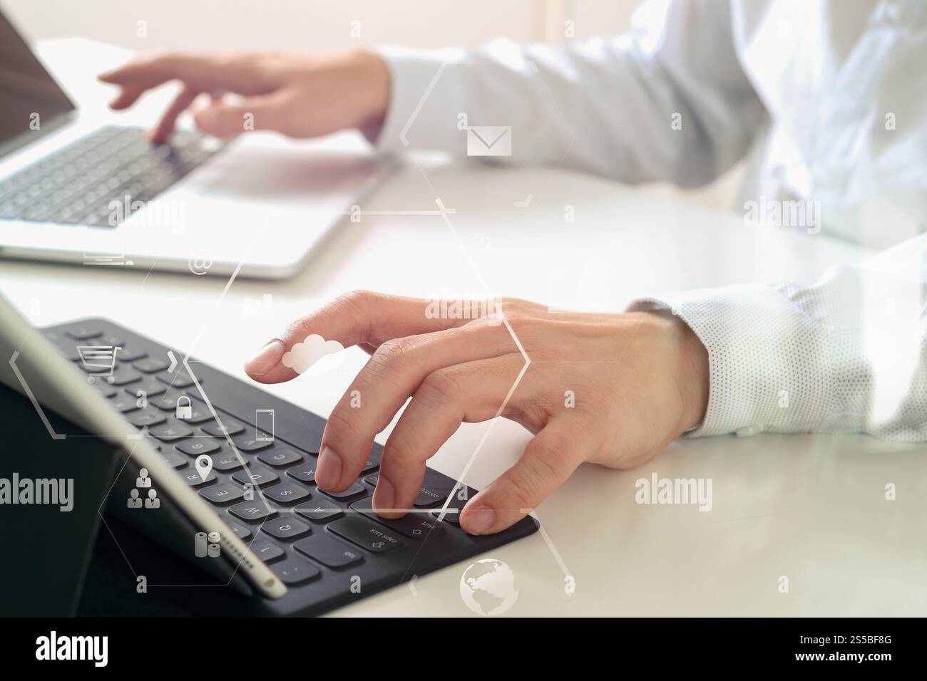 close up of businessman typing keyboard with laptop computer and ...