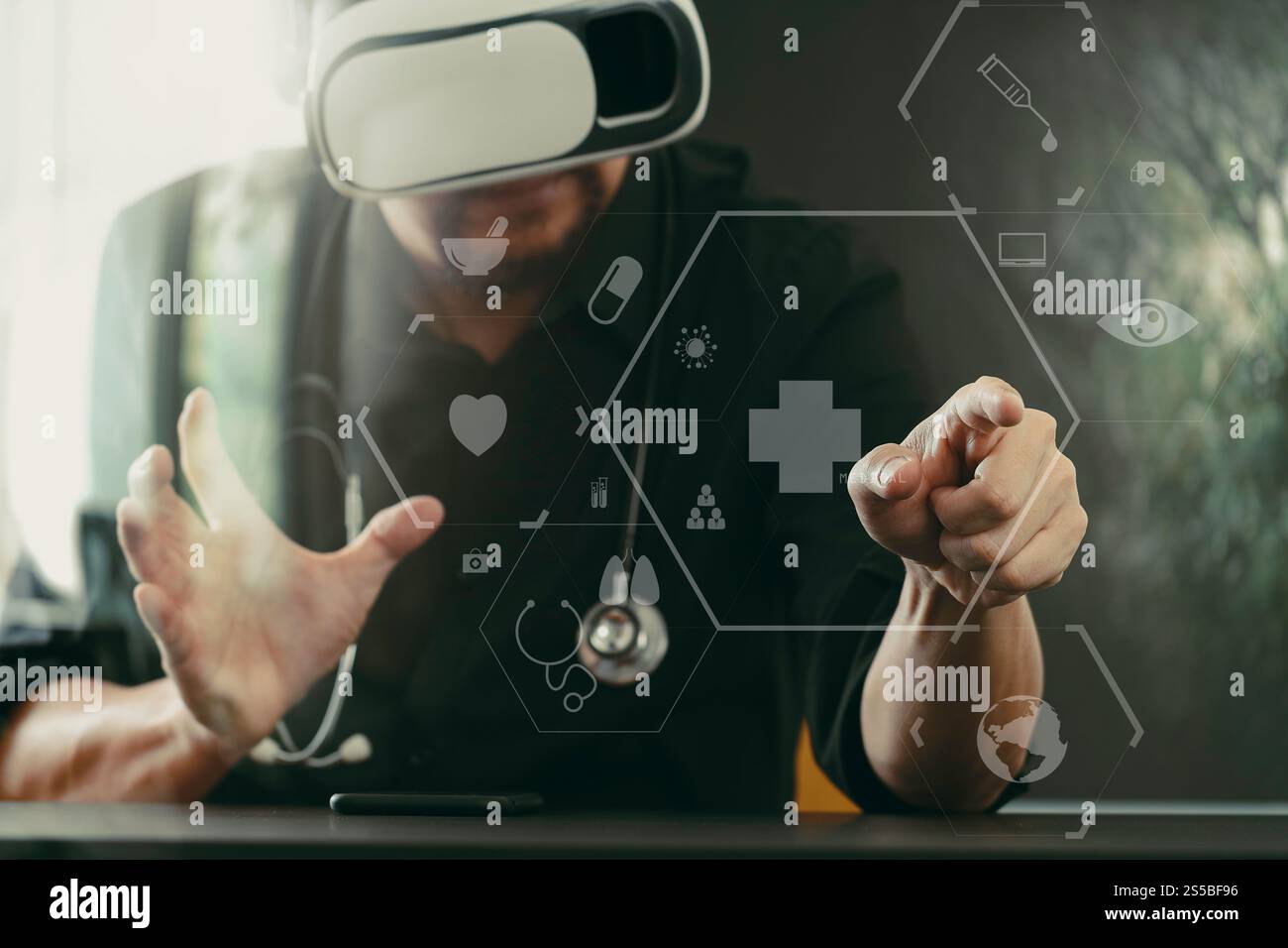 businessman wearing virtual reality goggles in modern office with ...