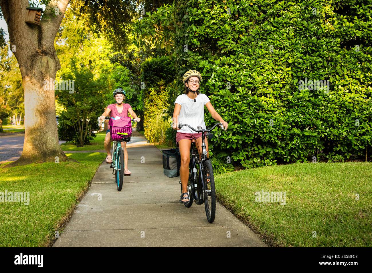Mother and her adult daughter riding bicycles in a local neighbourhood ...